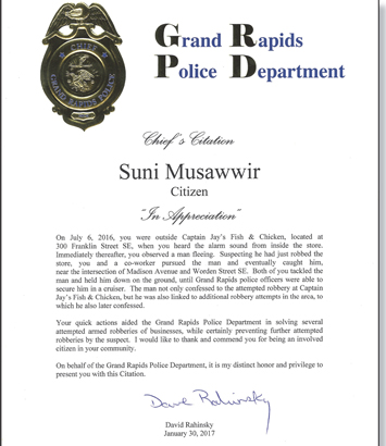 F. O.I. Awarded For Capturing, Subduing Robbery Suspect